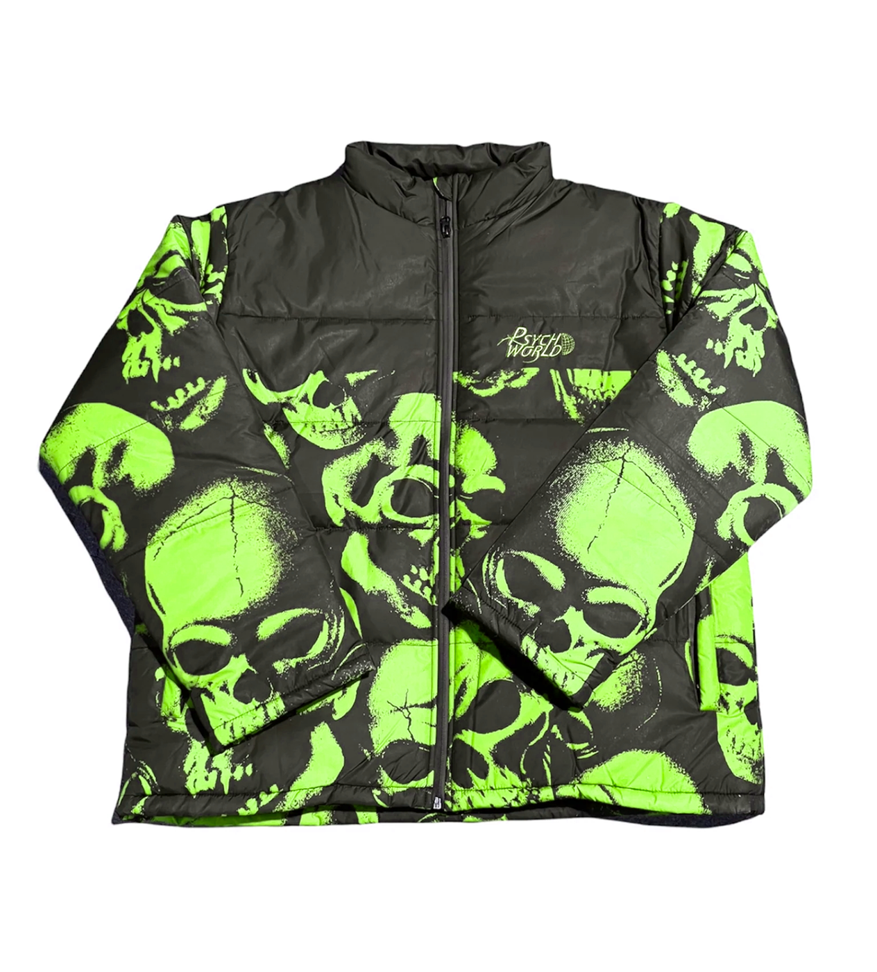Psychworld Black Lime Green Skull Print Puffer Jacket – Restock AR